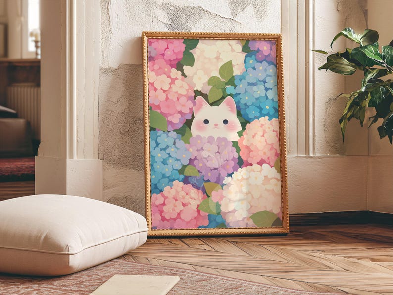 Pastel Hydrangea Cat Digital Poster Download | Kawaii Cartoon Floral ...