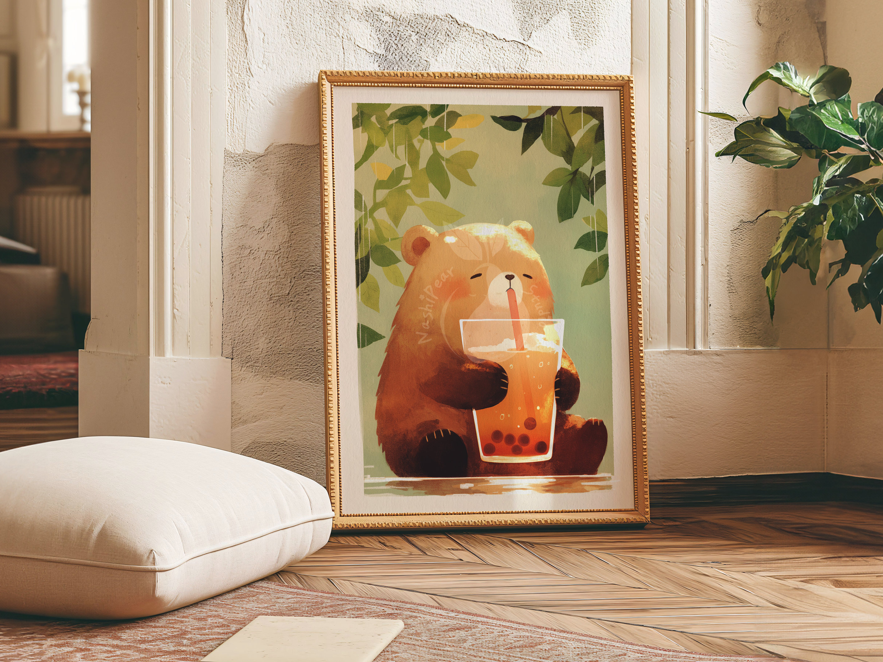 Brown Boba Bear | Cute Animal Bubble Tea Wall Art | Cozy Kawaii Bear ...
