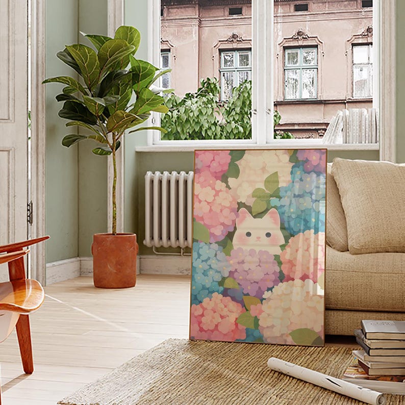 Pastel Hydrangea Cat | Kawaii Cartoon Floral Animal Posters | Cozy ...
