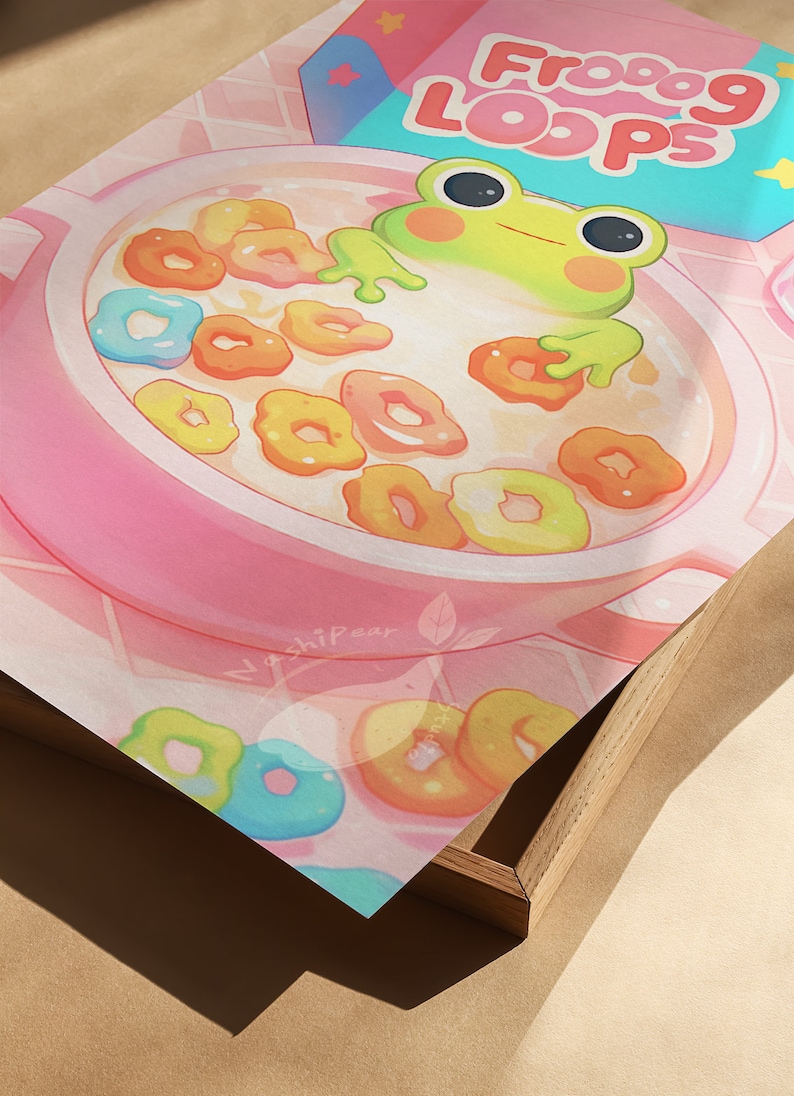 Kawaii Frog in Cereal Poster for Room Decor Colorful Cute Aesthetic Art ...