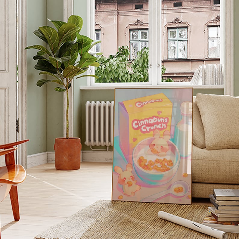 Kawaii Bunny in Cereal Poster for Room Decor | Colorful Cute Aesthetic ...