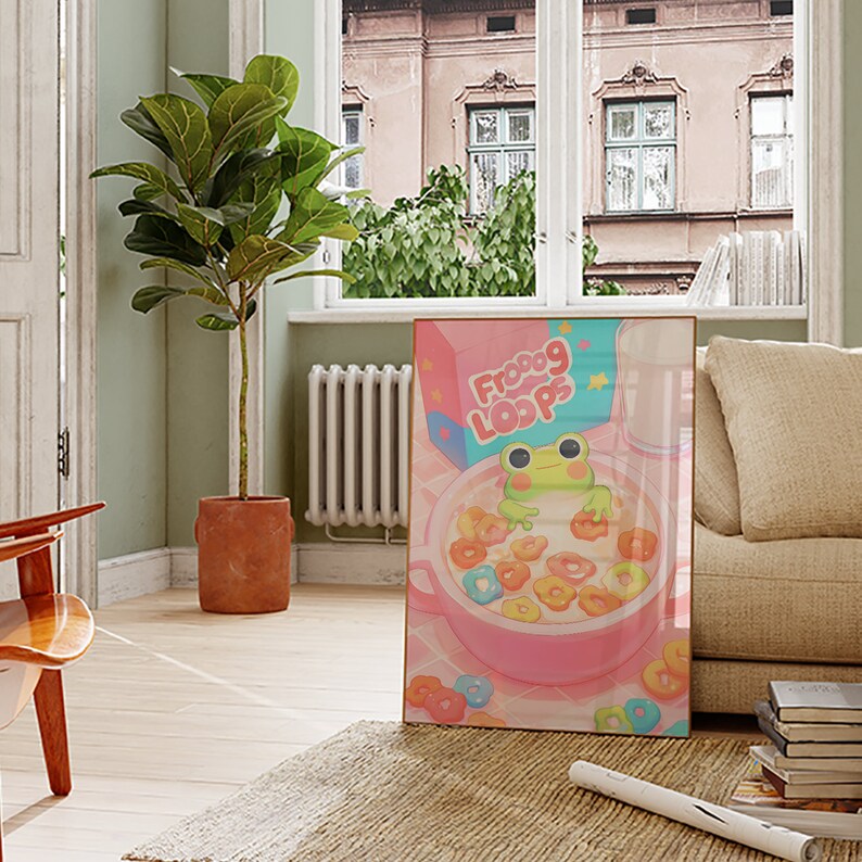 Kawaii Frog in Cereal Poster for Room Decor Colorful Cute Aesthetic Art ...