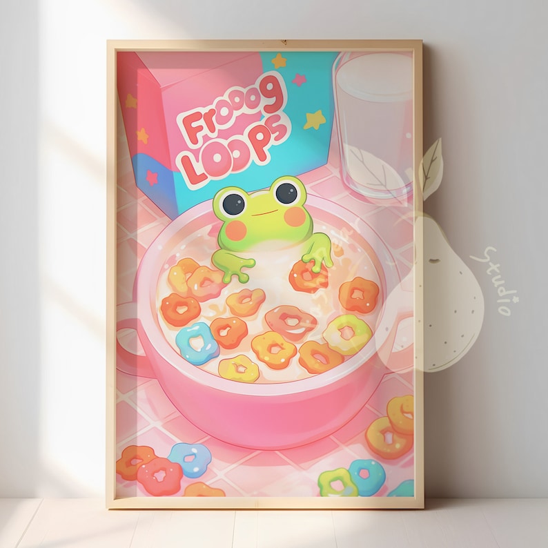 Kawaii Frog in Cereal Poster for Room Decor Colorful Cute Aesthetic Art ...