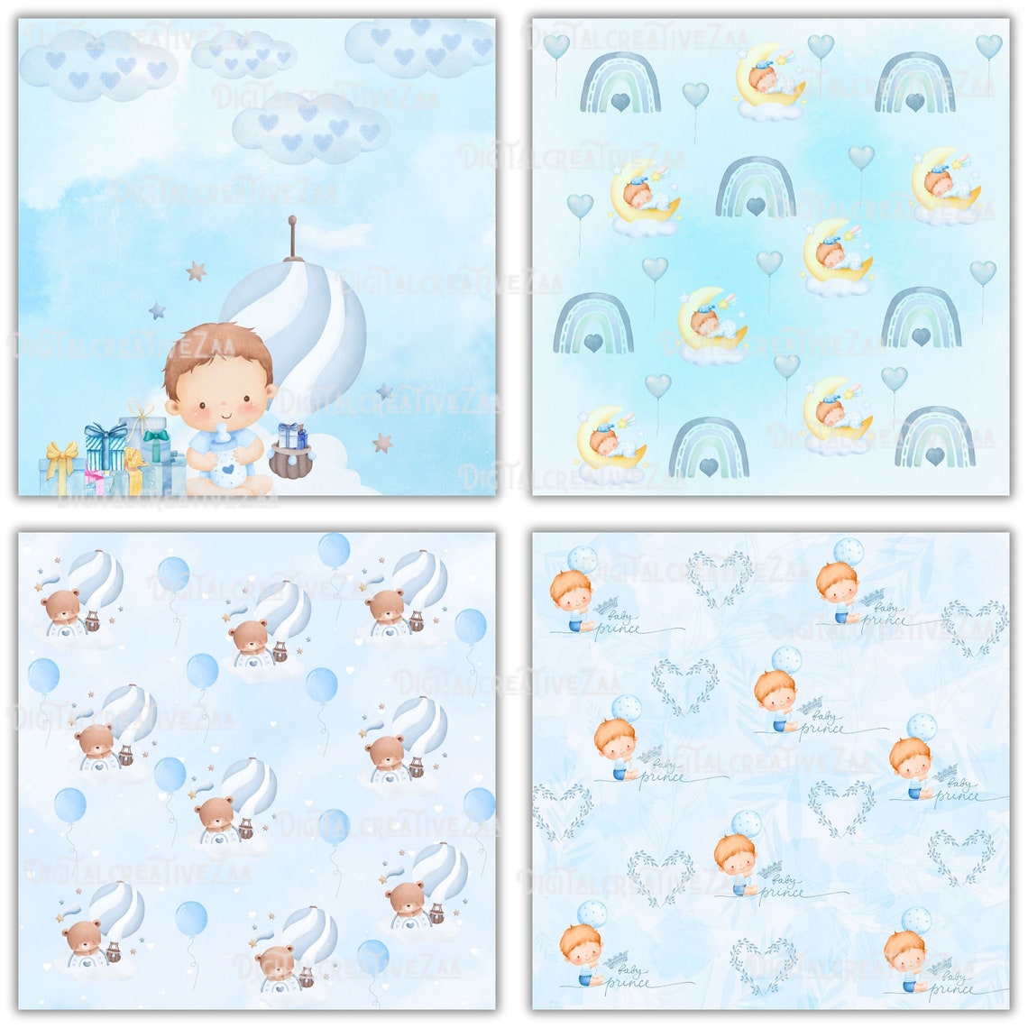 Prince Baby Boy, Baby Shower, Digital Paper, Watercolor Backgrounds ...