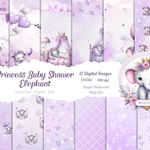 Baby Shower, Watercolor Baby, Cute Elephant, Purple Baby Shower ...