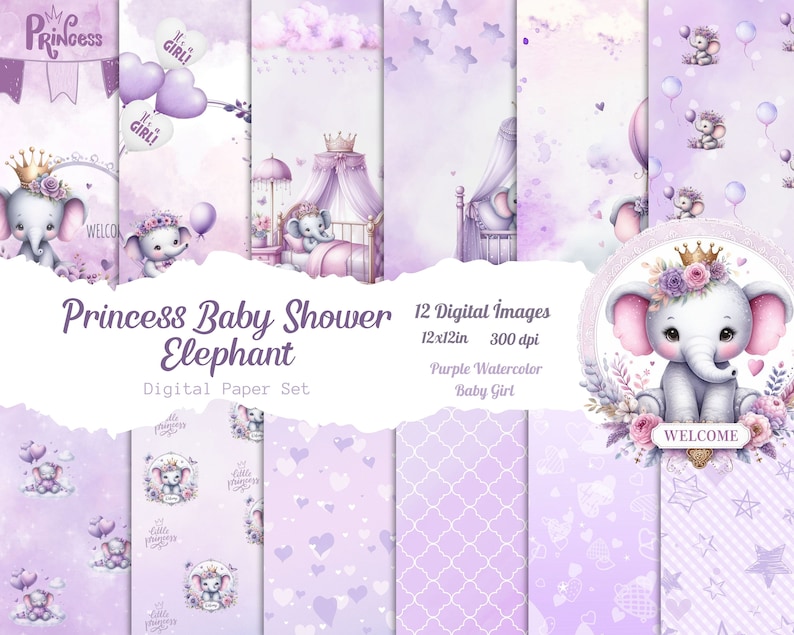 Baby Shower, Watercolor Baby, Cute Elephant, Purple Baby Shower ...