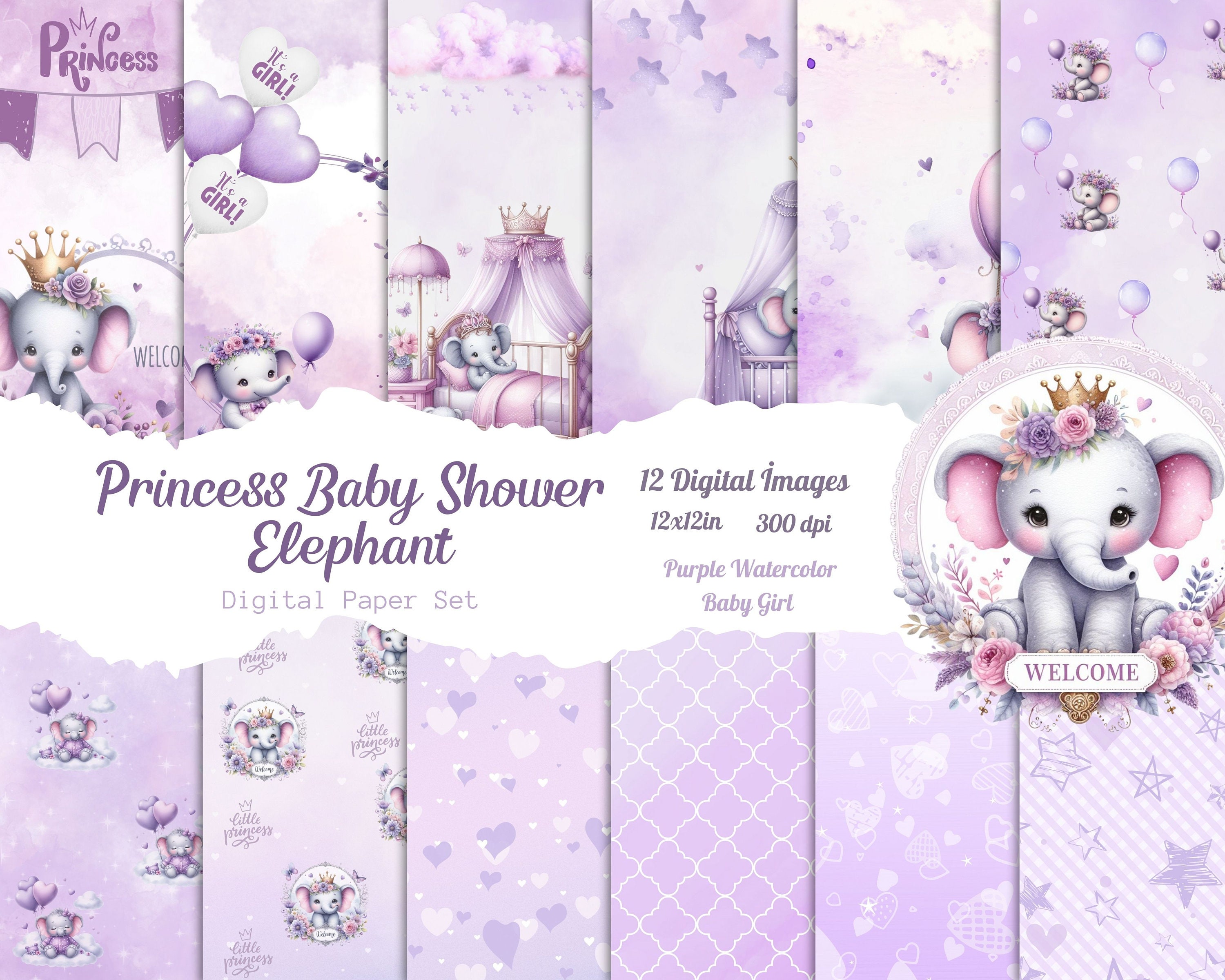 Baby Shower, Watercolor Baby, Cute Elephant, Purple Baby Shower ...