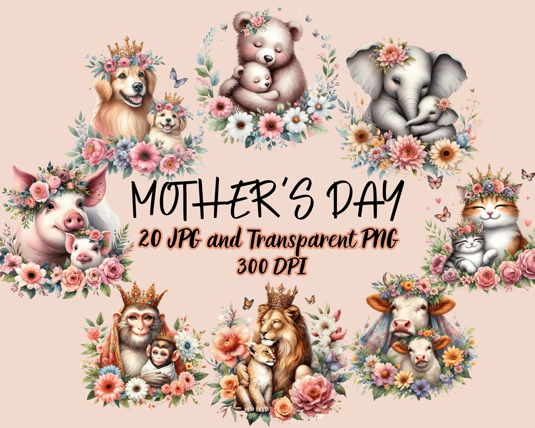 Mother's Day Clipart, Baby Animals, Baby Shower Clipart, Mama and Baby ...