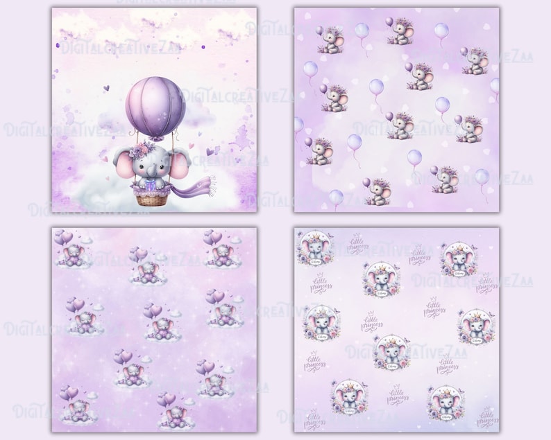 Purple Princess Elephant Baby Shower, Watercolor Digital Paper (digital ...