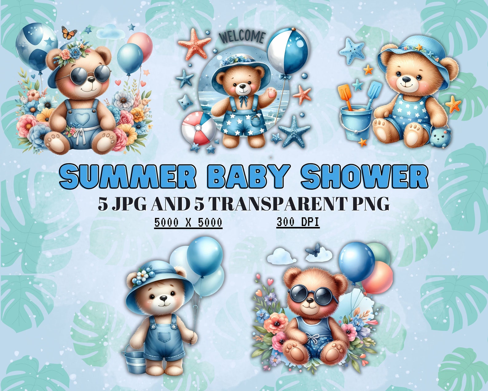 Baby Boy Png, Baby Shower, Teddy Bear Clipart, Sublimation, Watercolor ...