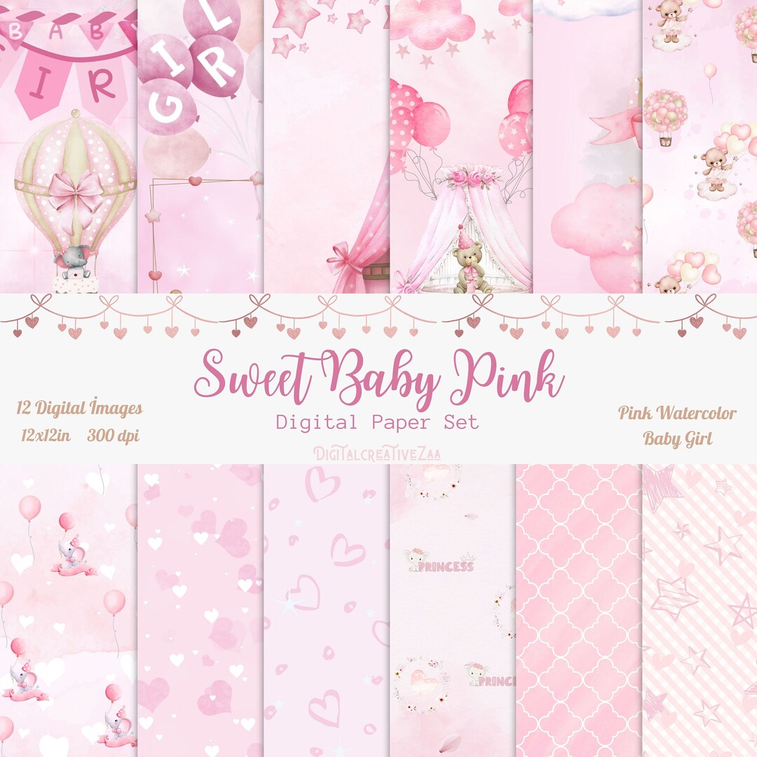 Baby Girl, Digital Paper, Baby Shower, Pink Baby, Watercolor ...