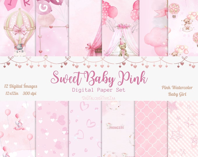 Baby Girl, Digital Paper, Baby Shower, Pink Baby, Watercolor ...