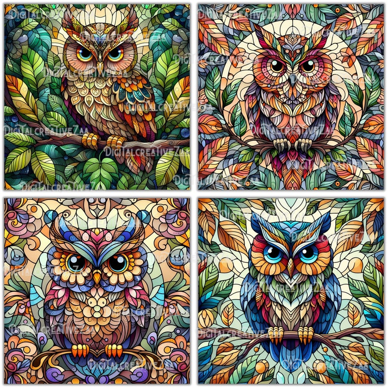Owl Pattern Stained Glass Digital Paper, Printable Textures, Paper Pack ...