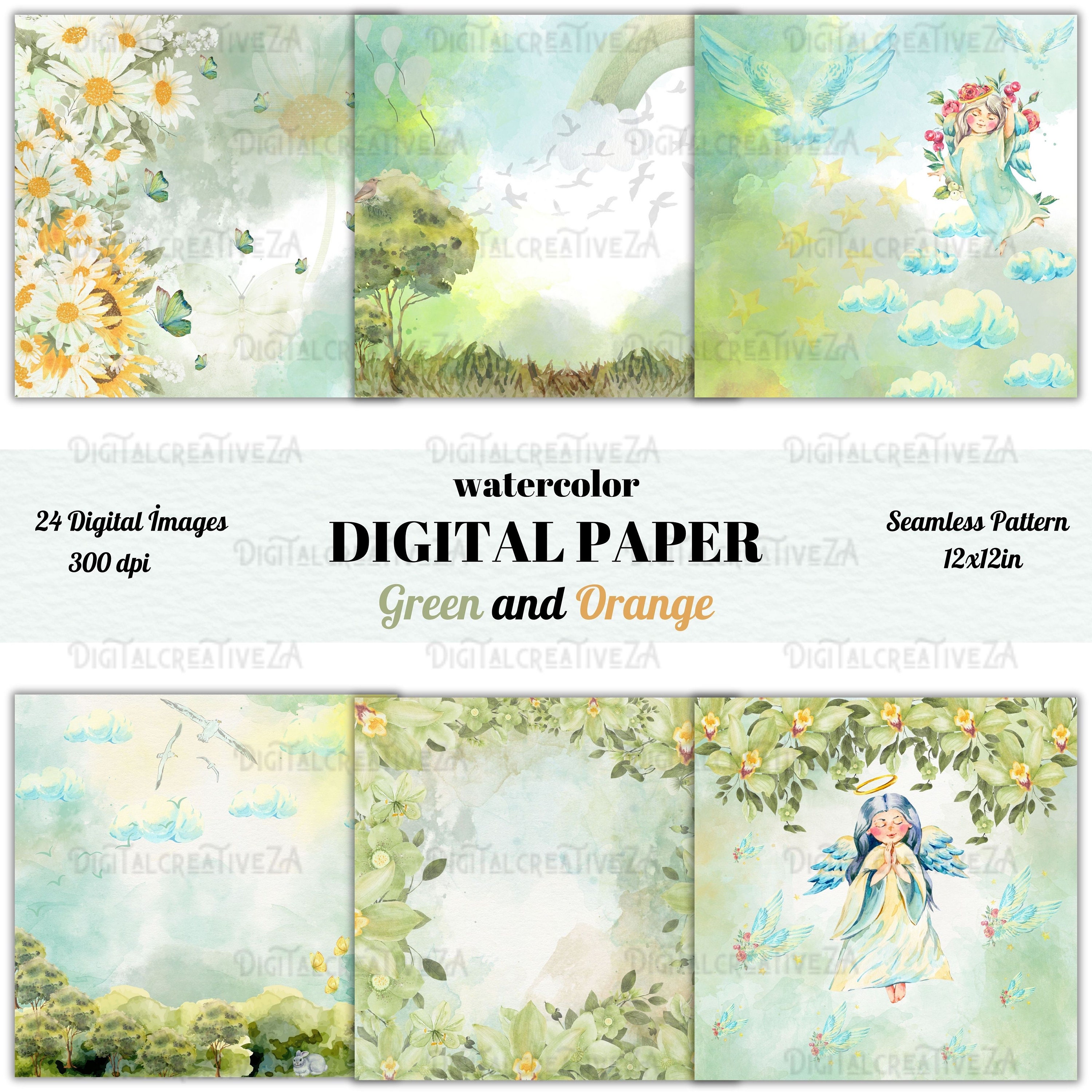 Watercolor Paper, Green and Orange Floral Seamless Patterns (digital ...