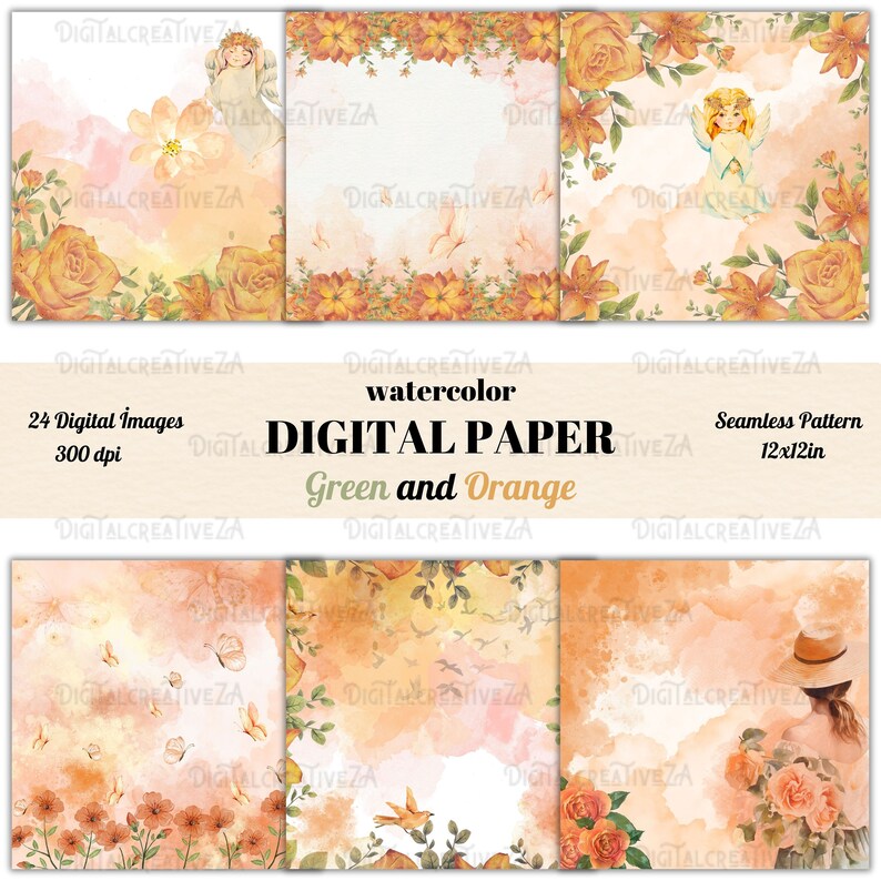 Watercolor Paper, Green and Orange Floral Seamless Patterns (digital ...