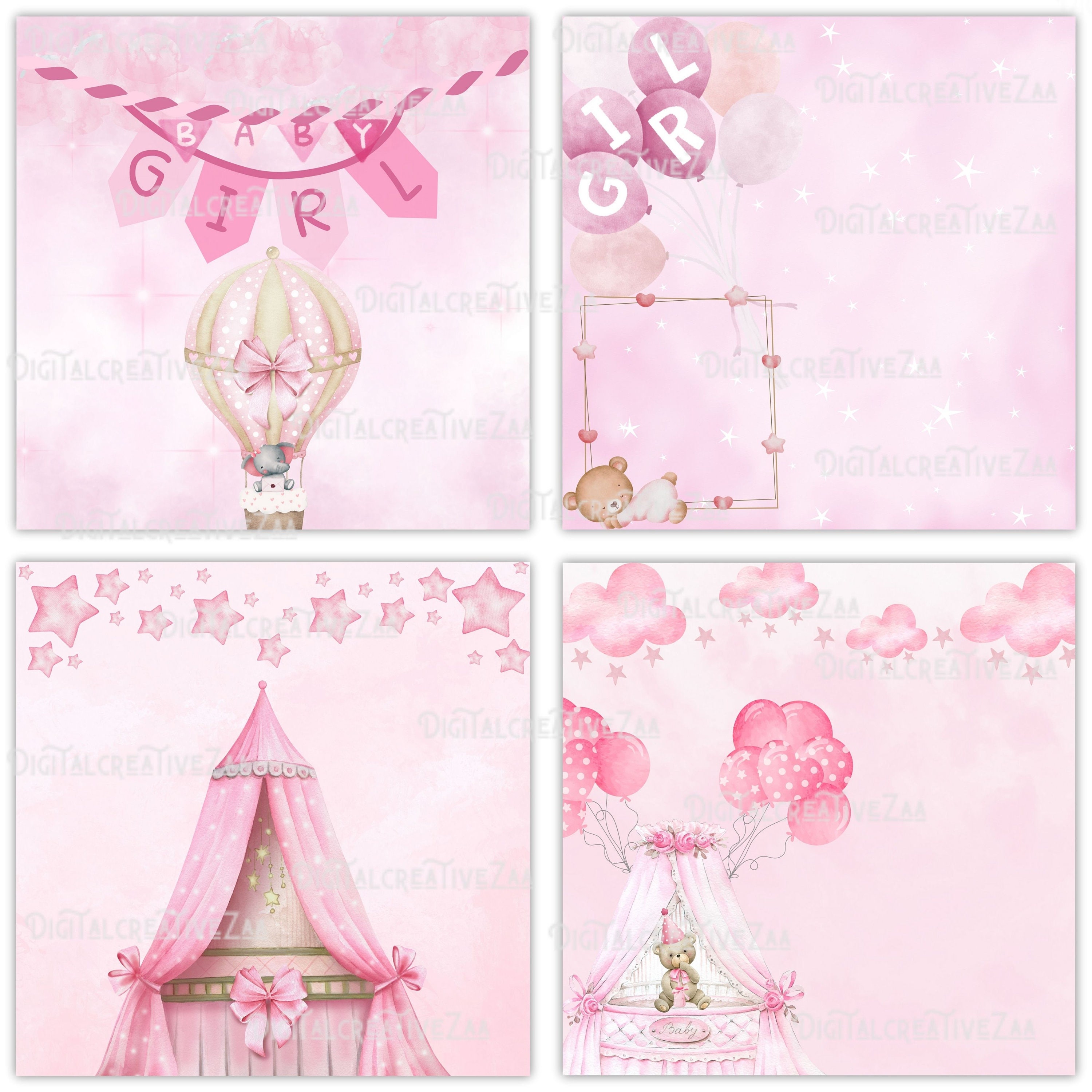 Baby Girl, Digital Paper, Baby Shower, Pink Baby, Watercolor ...