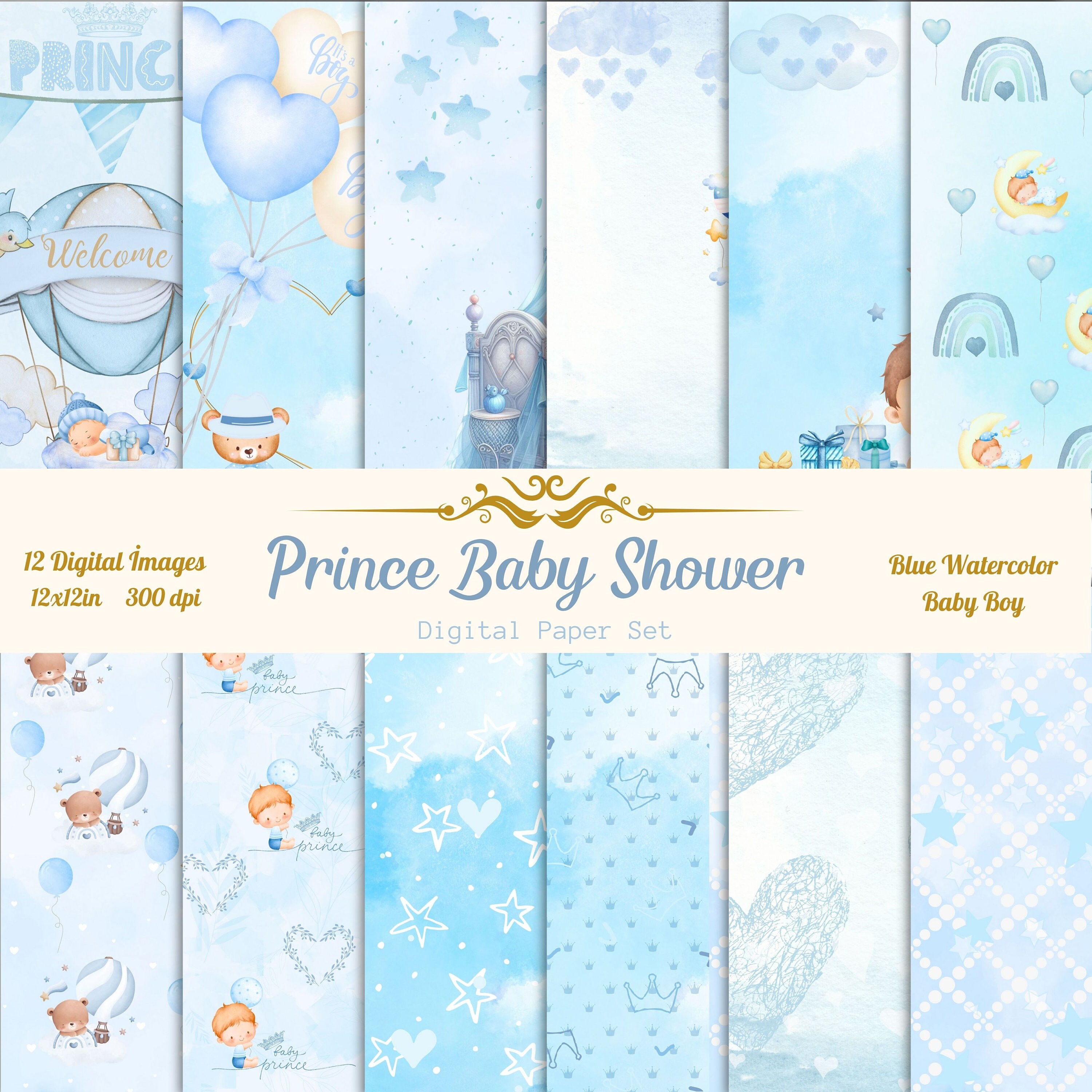 Prince Baby Boy, Baby Shower, Digital Paper, Watercolor Backgrounds ...