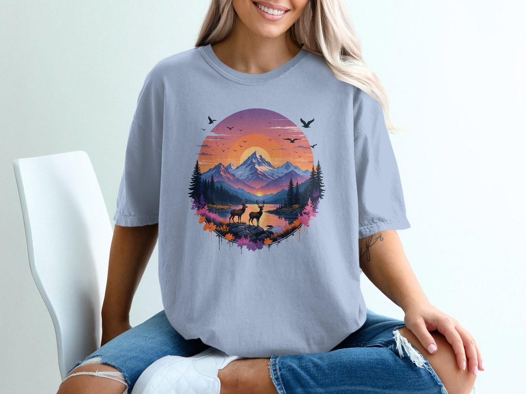 Scenic Mountain Sunset T-shirt, Nature Inspired Graphic Tee, Wildlife ...