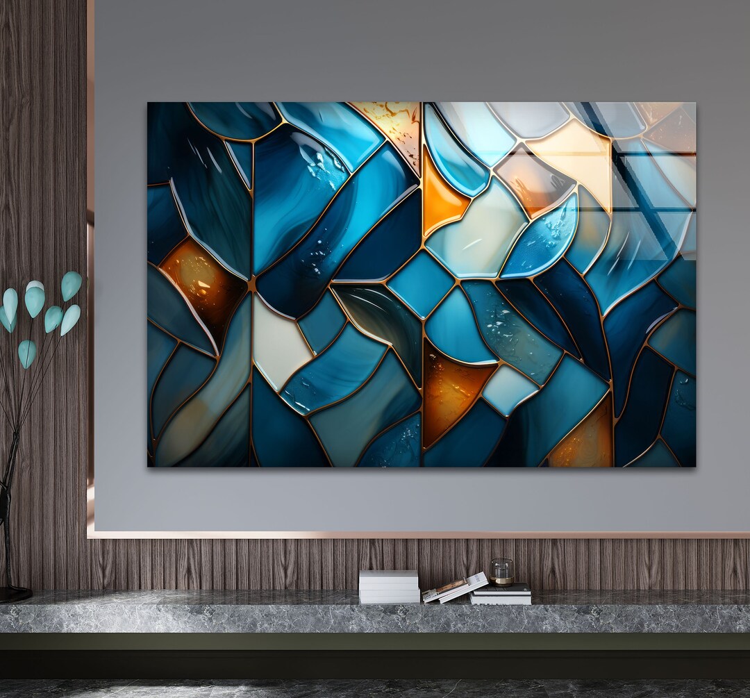 Blue Stained Glass Wall Art , Modern Abstract Glass Panel , Luxury Home ...