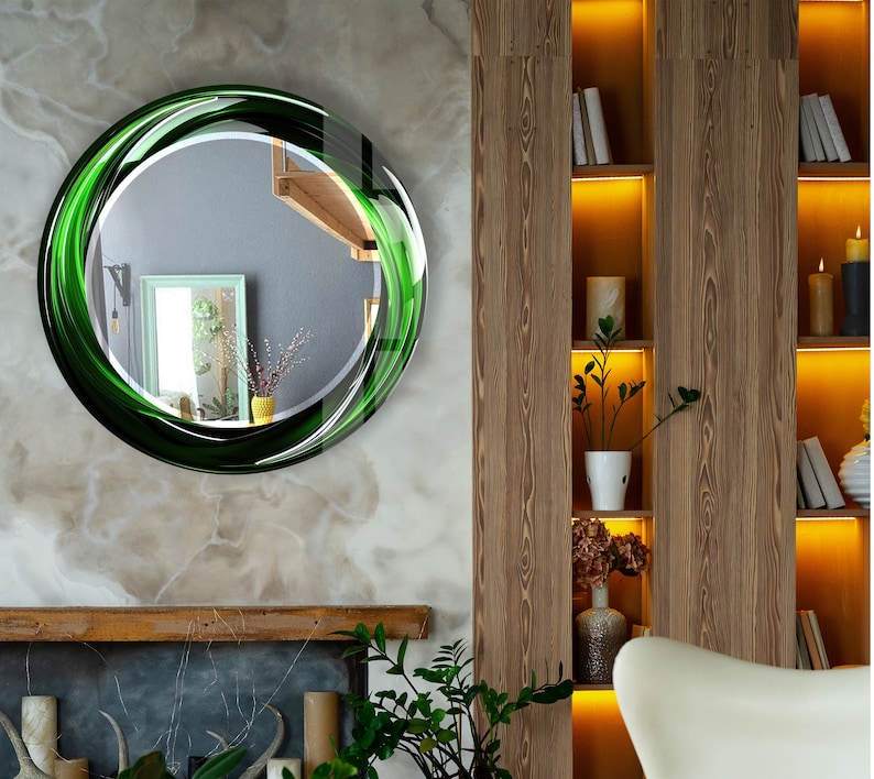 Handmade Green Tempered Glass Round Wall Mirror: Modern Art Decor - Etsy