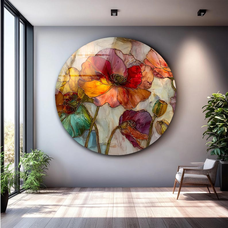 Stained Glass Poppy Wall Art: Vivid Floral Tempered Glass Printing - Etsy
