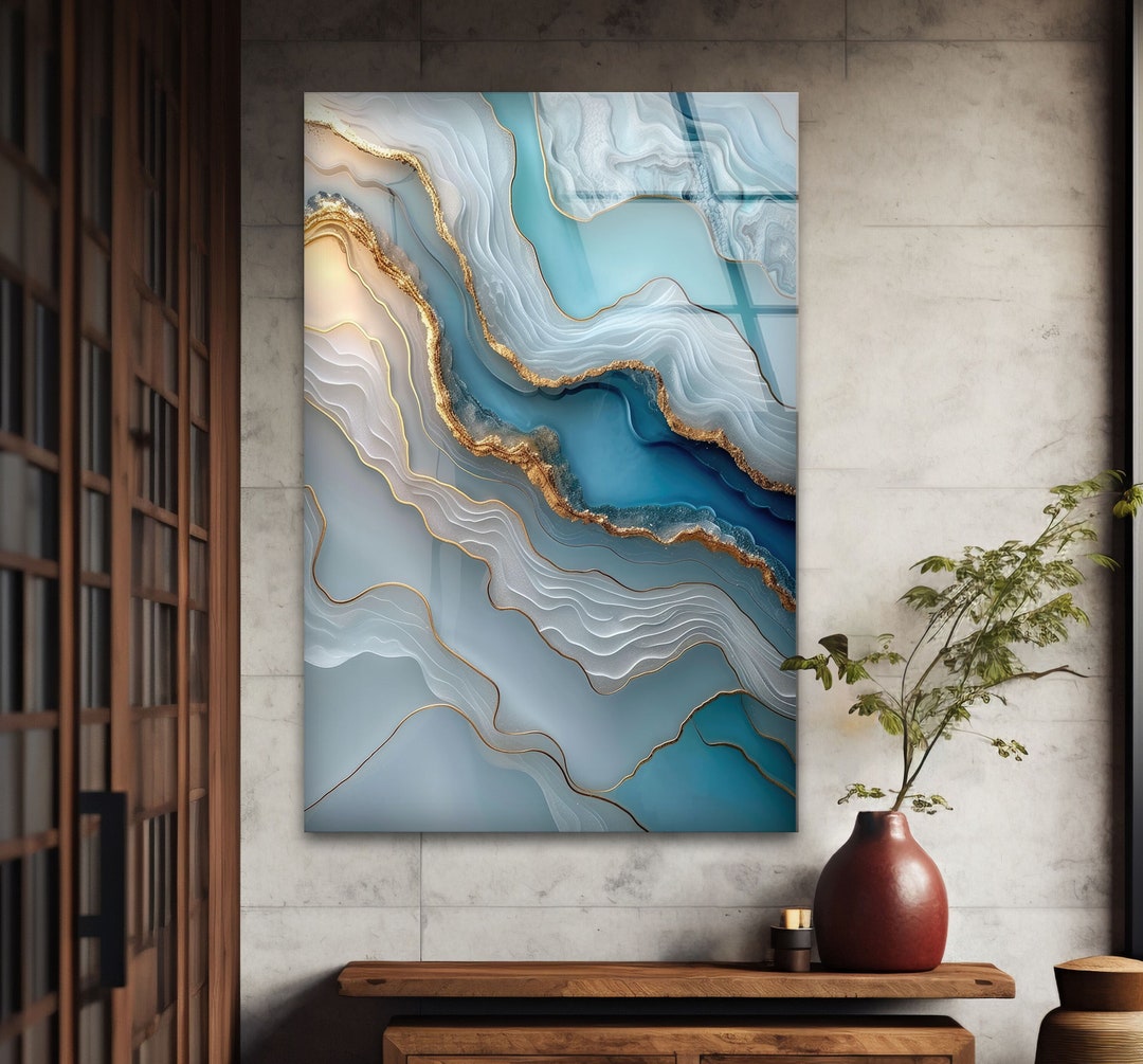 Blue Abstract Tempered Glass Wall Art Modern Alcohol Ink Glass Print 5924