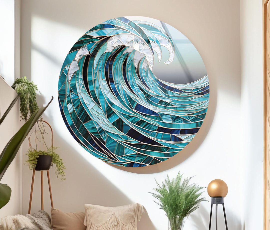 Wave Pattern Round Glass Wall Art – Abstract Ocean Wave Design ...