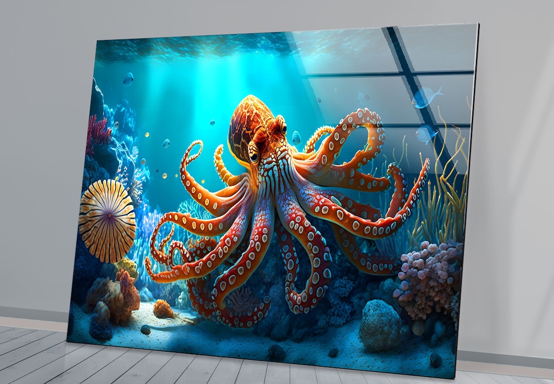 Octopus Ocean Glass Wall Art , Underwater Marine Life Print , Vibrant ...