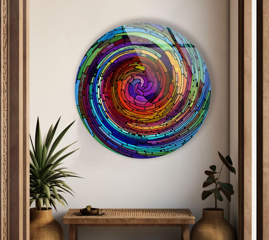 Colorful Spiral Round Glass Wall Art – Vibrant Tempered Glass Artwork ...