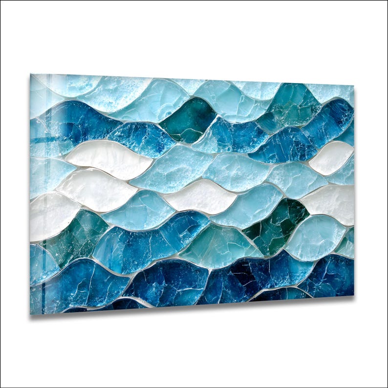 Blue Ocean Wave Glass Wall Art, Coastal Mosaic Sea Decor, Modern ...