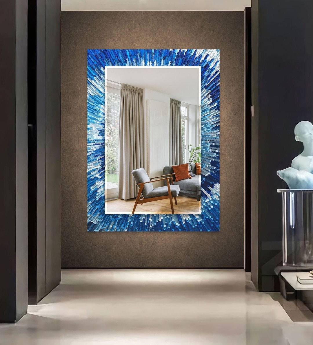 Tempered Glass Mirror-led Lighted Blue Bathroom Mirror-handmade Silver ...