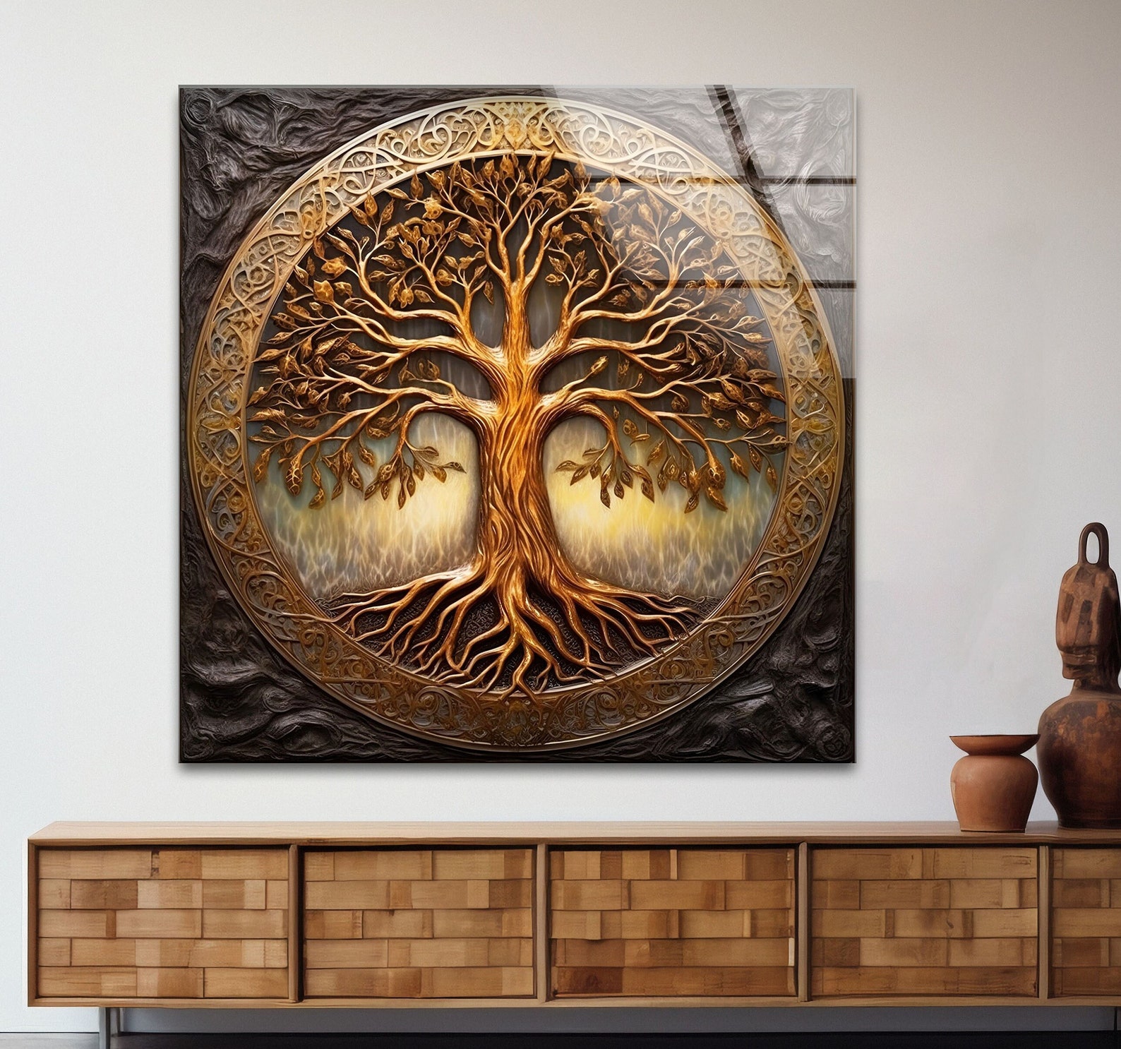 Mandala Tree of Life Tempered Glass Wall Art: Copper Decor - Etsy