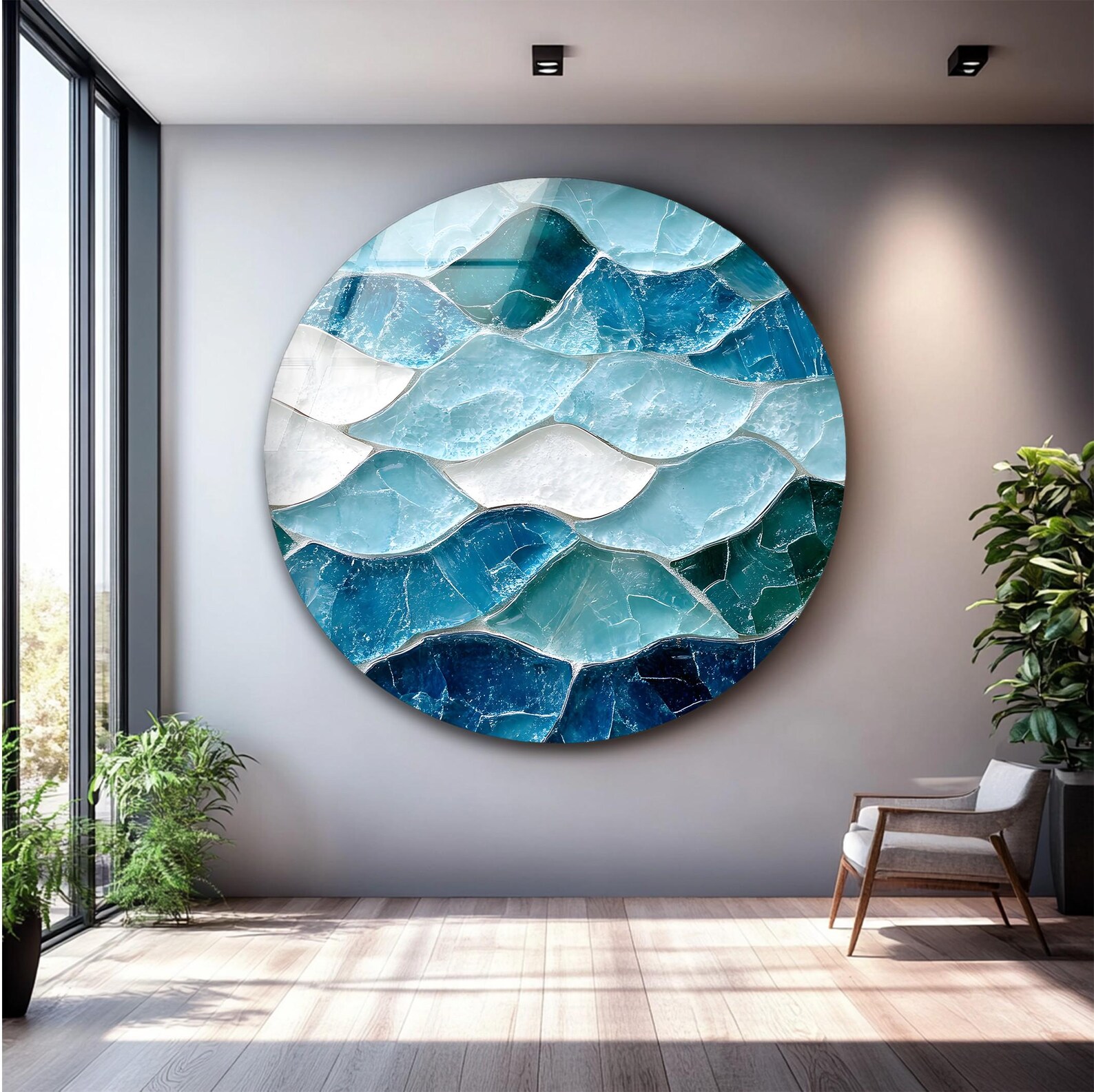 Blue Ocean Wave Glass Wall Art, Coastal Mosaic Sea Decor, Modern ...
