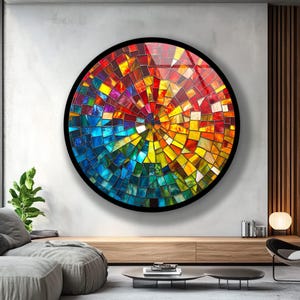 Rainbow Mosaic Round Glass Wall Art – Vibrant Circular Stained Glass ...