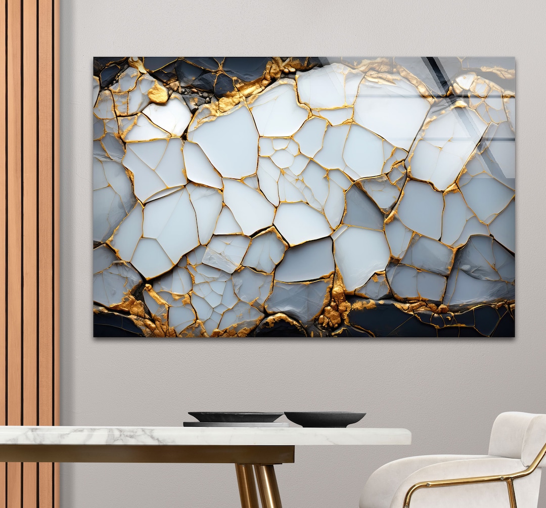 Gold Abstract Wall Art,tempered Glass Wall Art,glass Printing Art,white ...