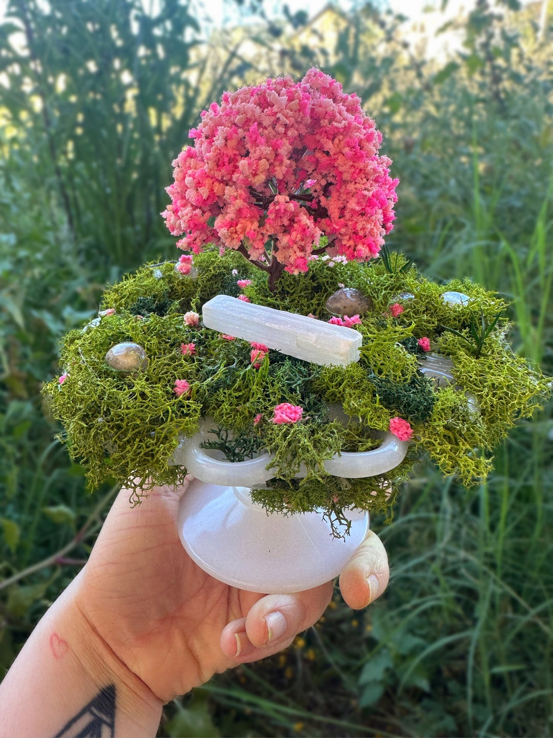 Cherry Blossom Crystal Display Moss Art Healing Crystals Metaphysical ...