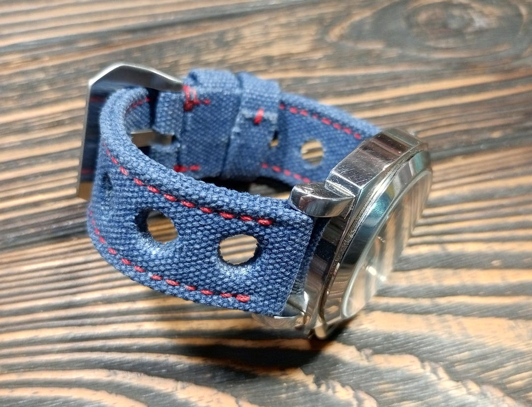 Washed Denim Canvas Watch Strap: Rally Racing Style, Blue, Custom Size ...