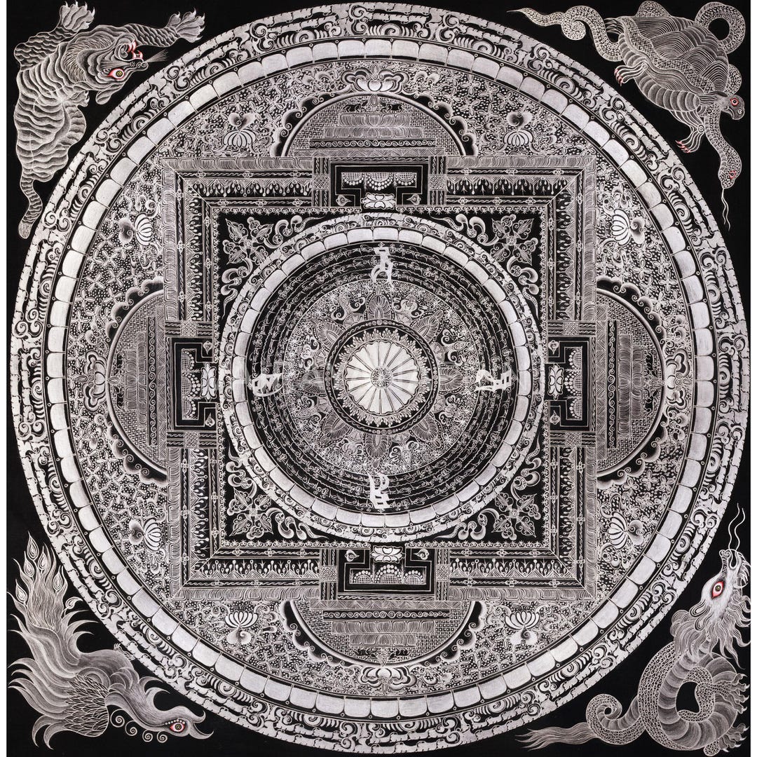 Sacred Silver Mantra Mandala Print | Circle of Light, Balance, and ...