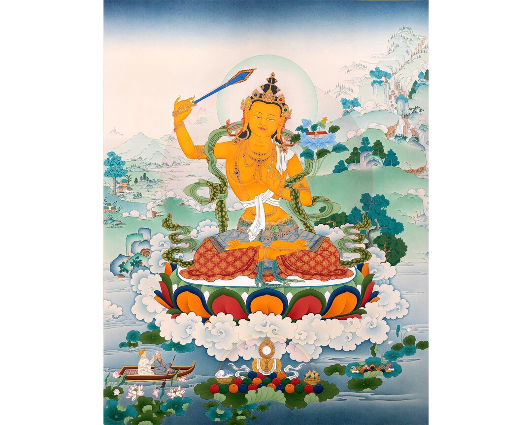 Manjushri Bodhisattva of Wisdom Thangka Print | Buddhist Painting for ...