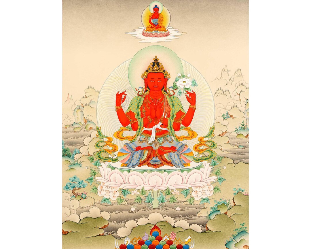 Red Chenrezig With Amitabha Buddha Thangka Print | Gyalwa Gyatso ...