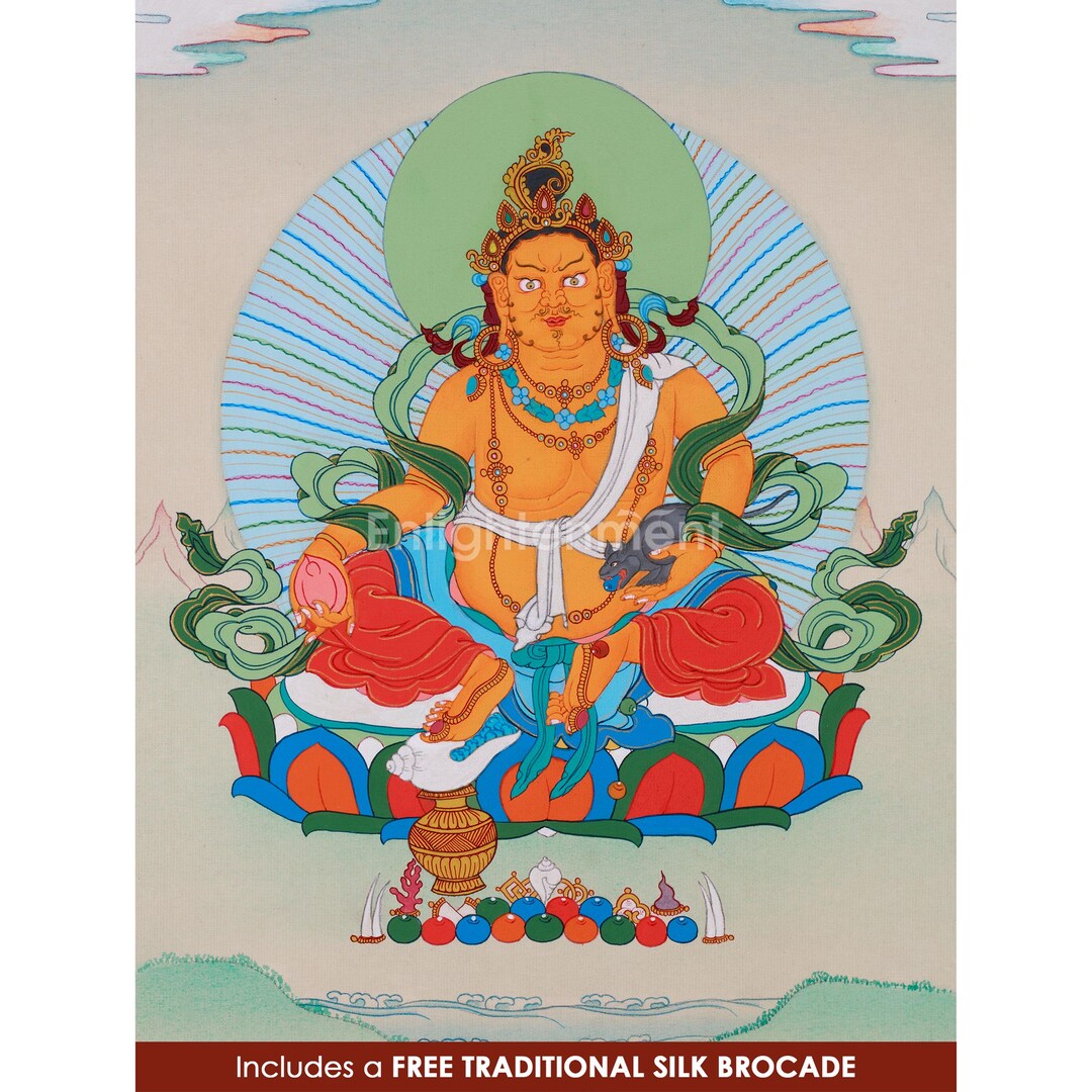 Yellow Dzambhala, Wealth Deity Thangka Small Hand-painted Karma Gadri ...