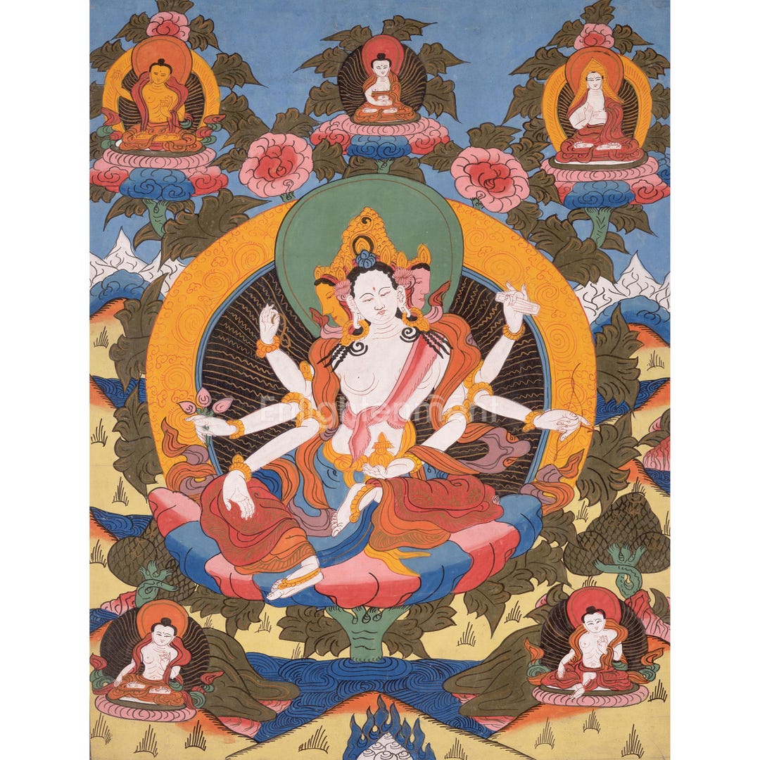 Goddess Vasudhara Thangka | Vintage Six-armed Wealth Goddess | Buddhist ...