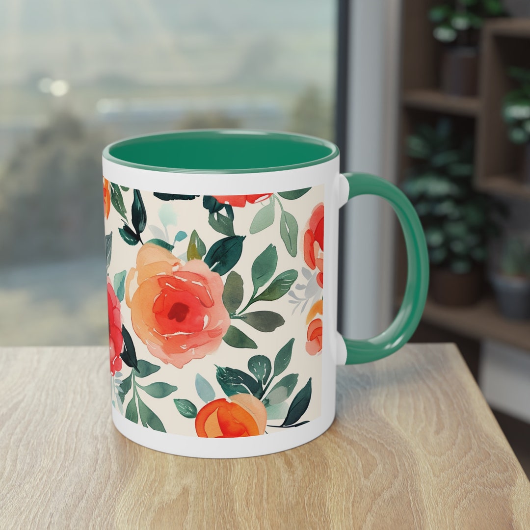Watercolor Floral Symphony Mug, Blossoming Roses and Leaves Tea Cup ...