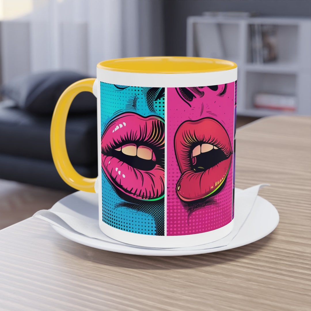 Pop Art Lips Mug, Bold Comic Style Coffee Cup, Retro Vibrance Kiss Tea ...
