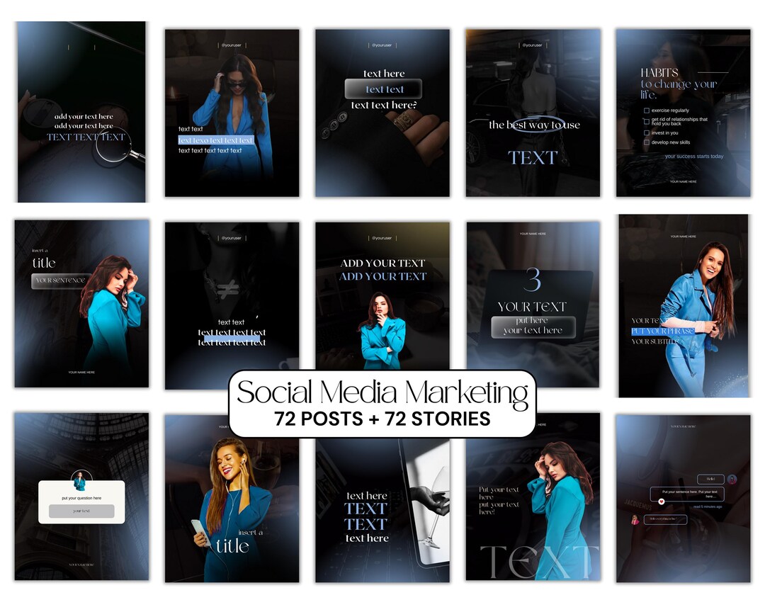 Black & Blue Instagram Templates | 72 Canva Social Media Posts - Etsy