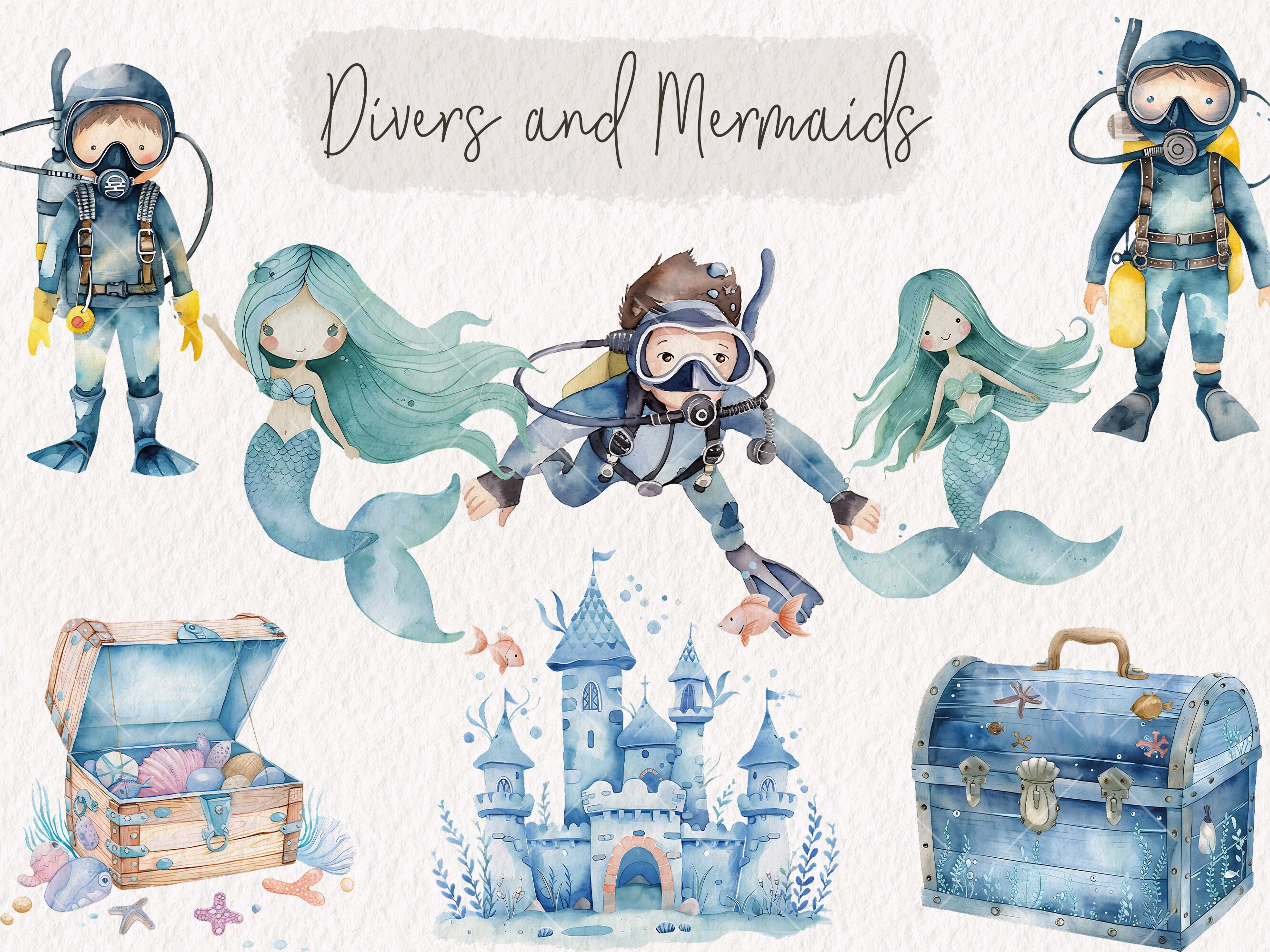 Watercolor Underwater Clipart Bundle, Cute Ocean Animals PNG, Undersea ...