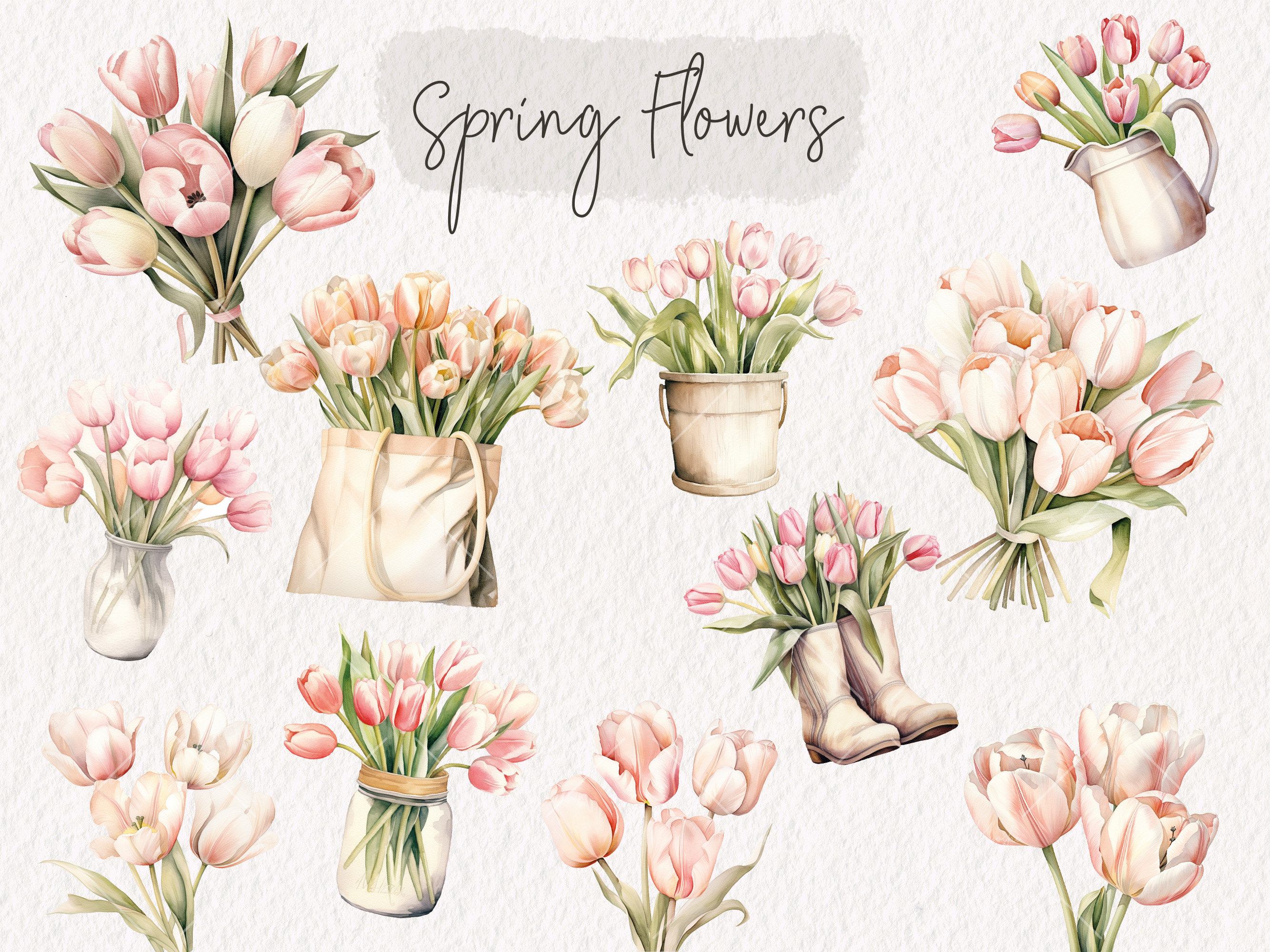 Pink Spring Clipart Bundle, Watercolor Spring Clip Art Set, Spring PNG ...