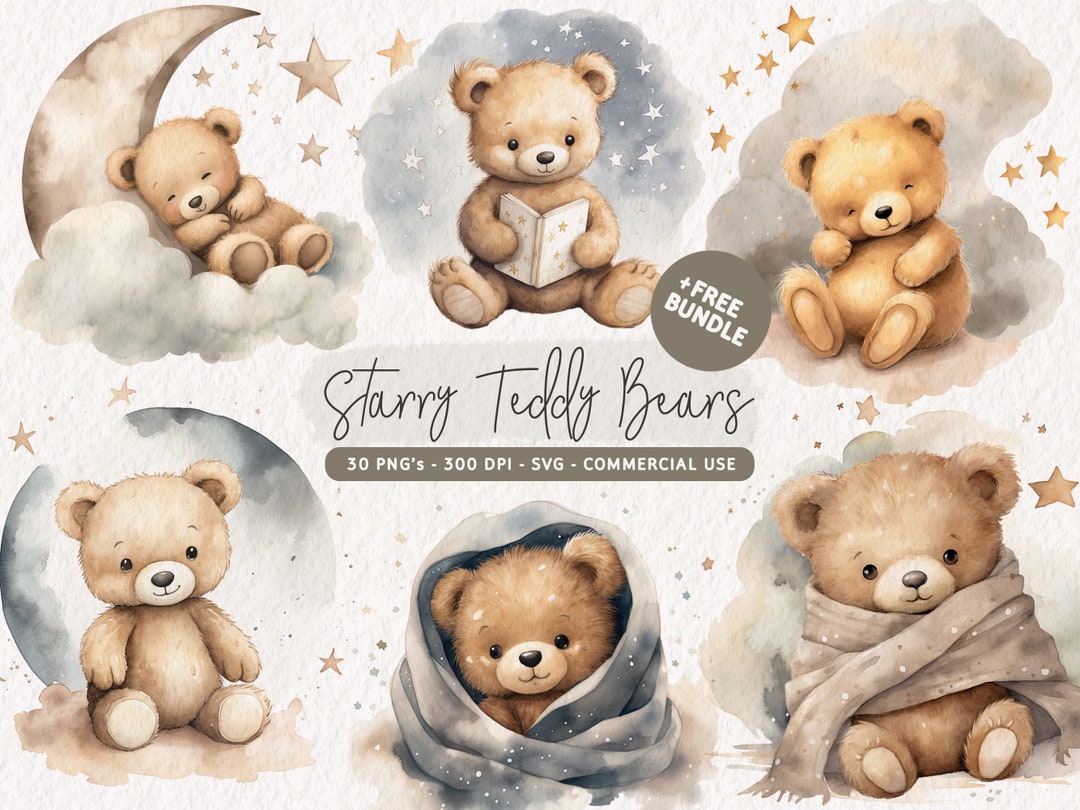 Cute Teddy Bear Clipart Bundle, Watercolor Teddy Bear PNG, Teddy Bear ...