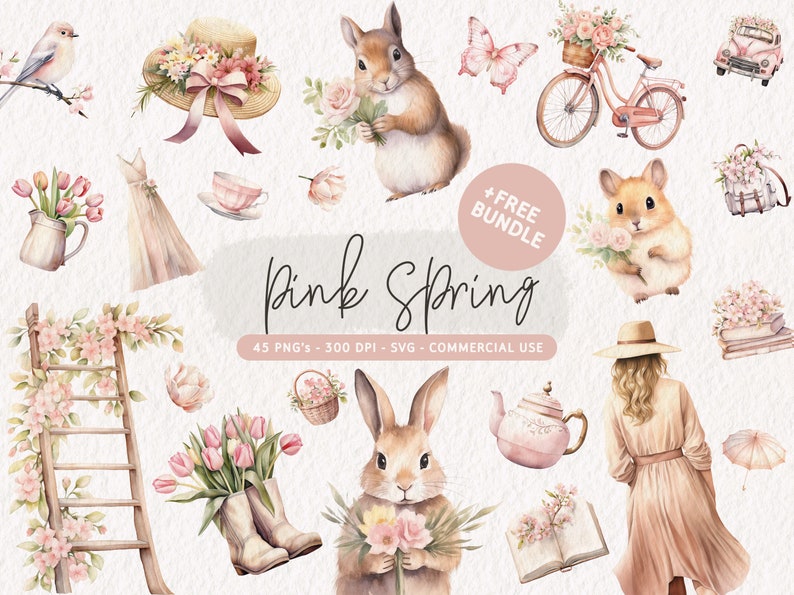 Pink Spring Clipart Bundle, Watercolor Spring Clip Art Set, Spring PNG ...