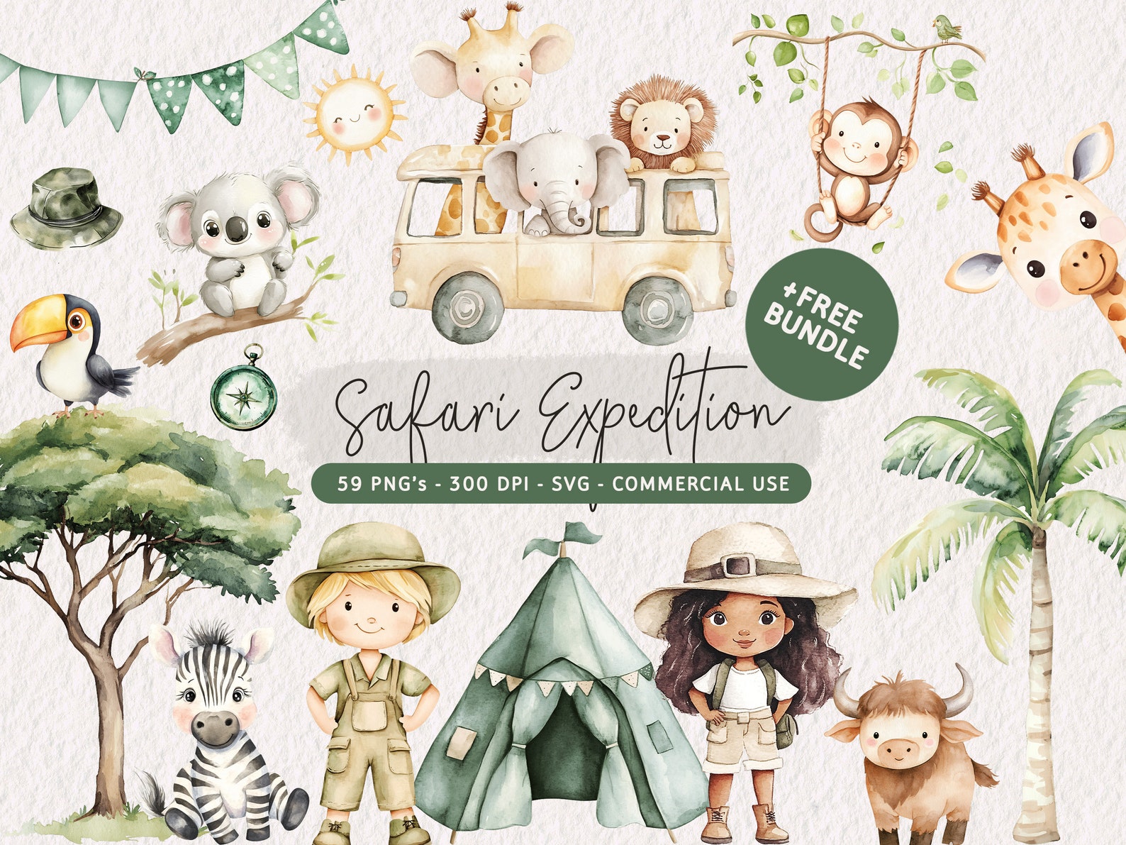 Cute Safari Animals Clipart, Jungle Animals PNG, Watercolor Africa Clip ...